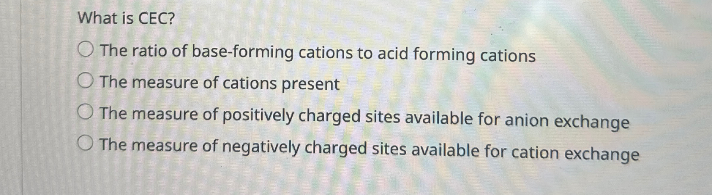 Solved What is CEC?The ratio of base-forming cations to acid | Chegg.com