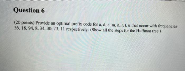Solved Question 6 (20 points) Provide an optimal prefix code | Chegg.com