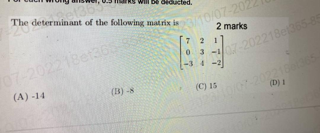 Solved The determinant of the following matrix is | Chegg.com