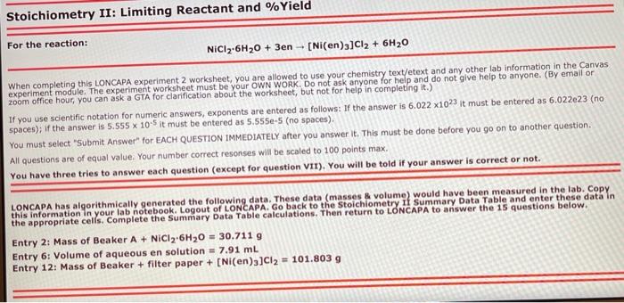Solved Stoichiometry II: Limiting Reactant and % Yield For | Chegg.com
