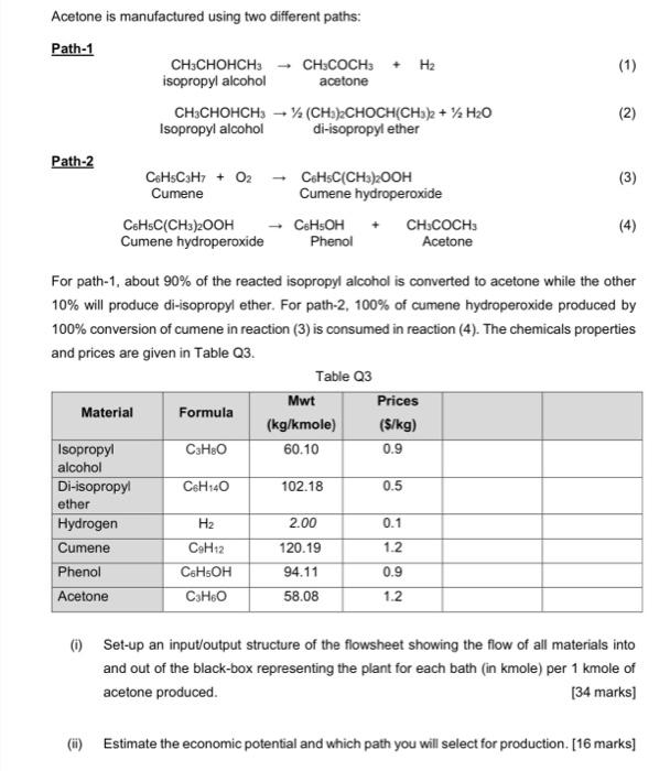Solved Acetone is manufactured using two different paths: | Chegg.com