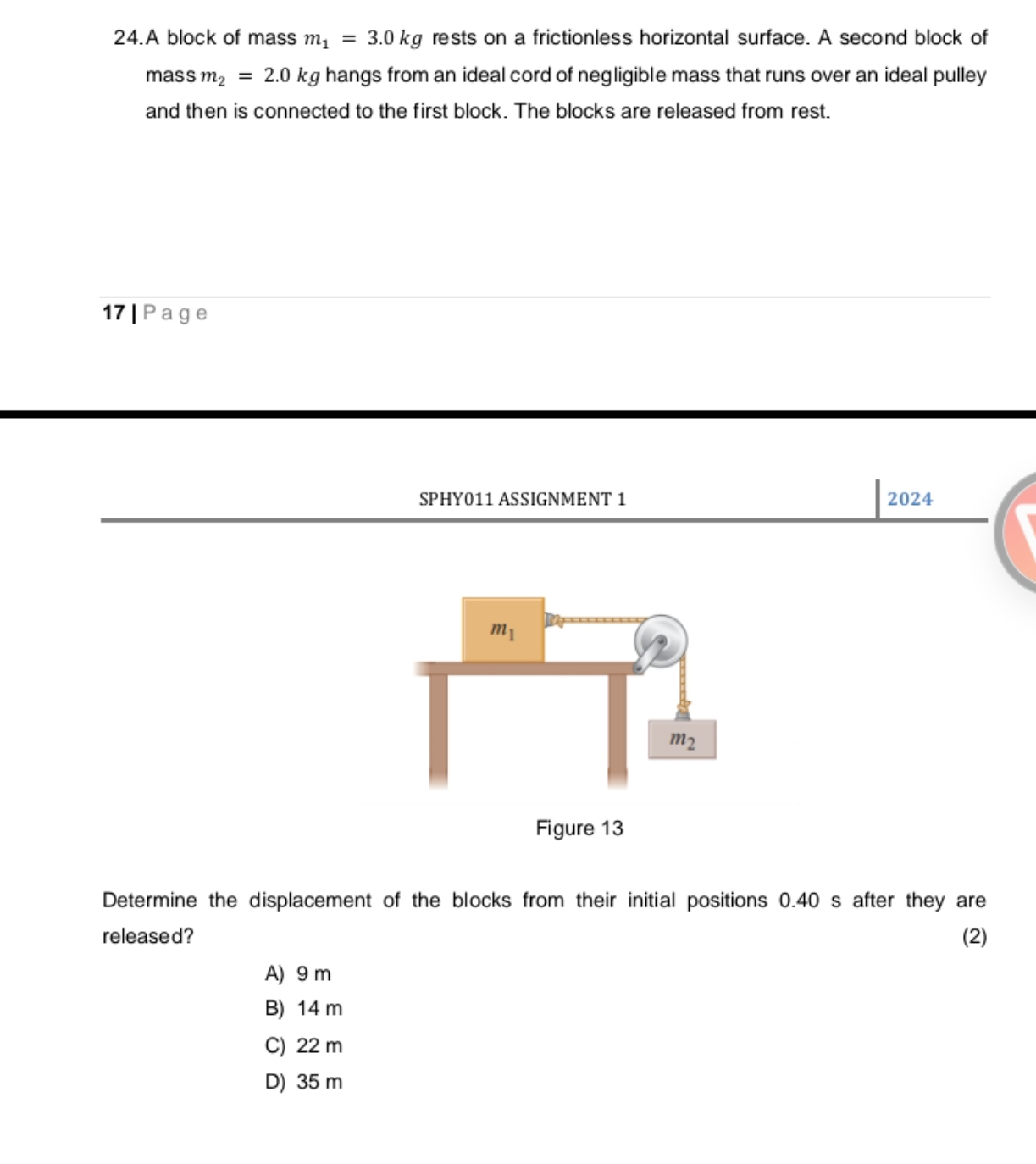 Solved 24.A block of mass m1=3.0kg ﻿rests on a frictionless | Chegg.com