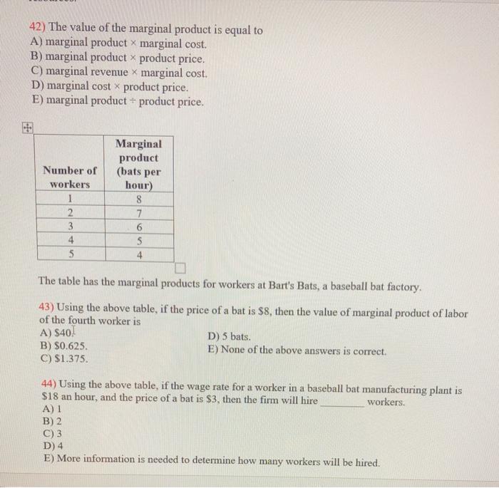 Solved 42) The value of the marginal product is equal to A) | Chegg.com