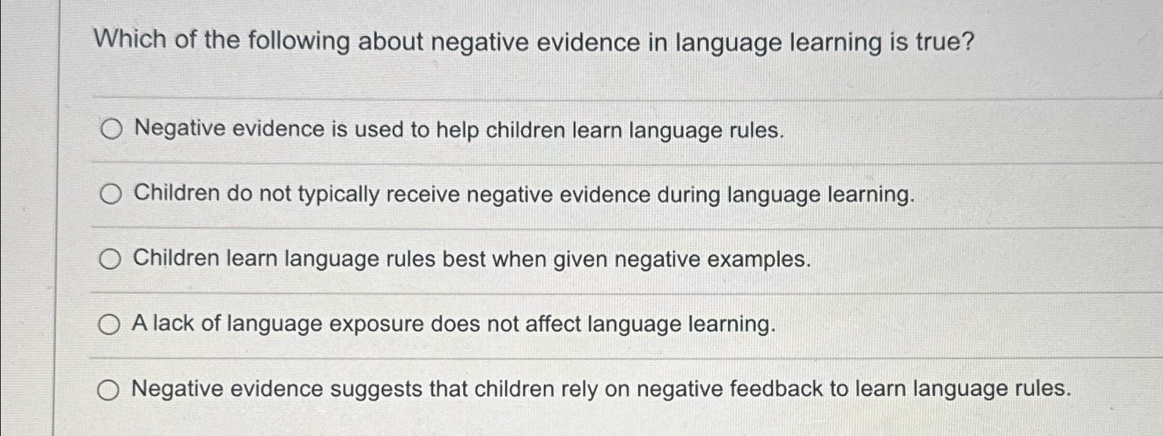 Solved Which of the following about negative evidence in | Chegg.com