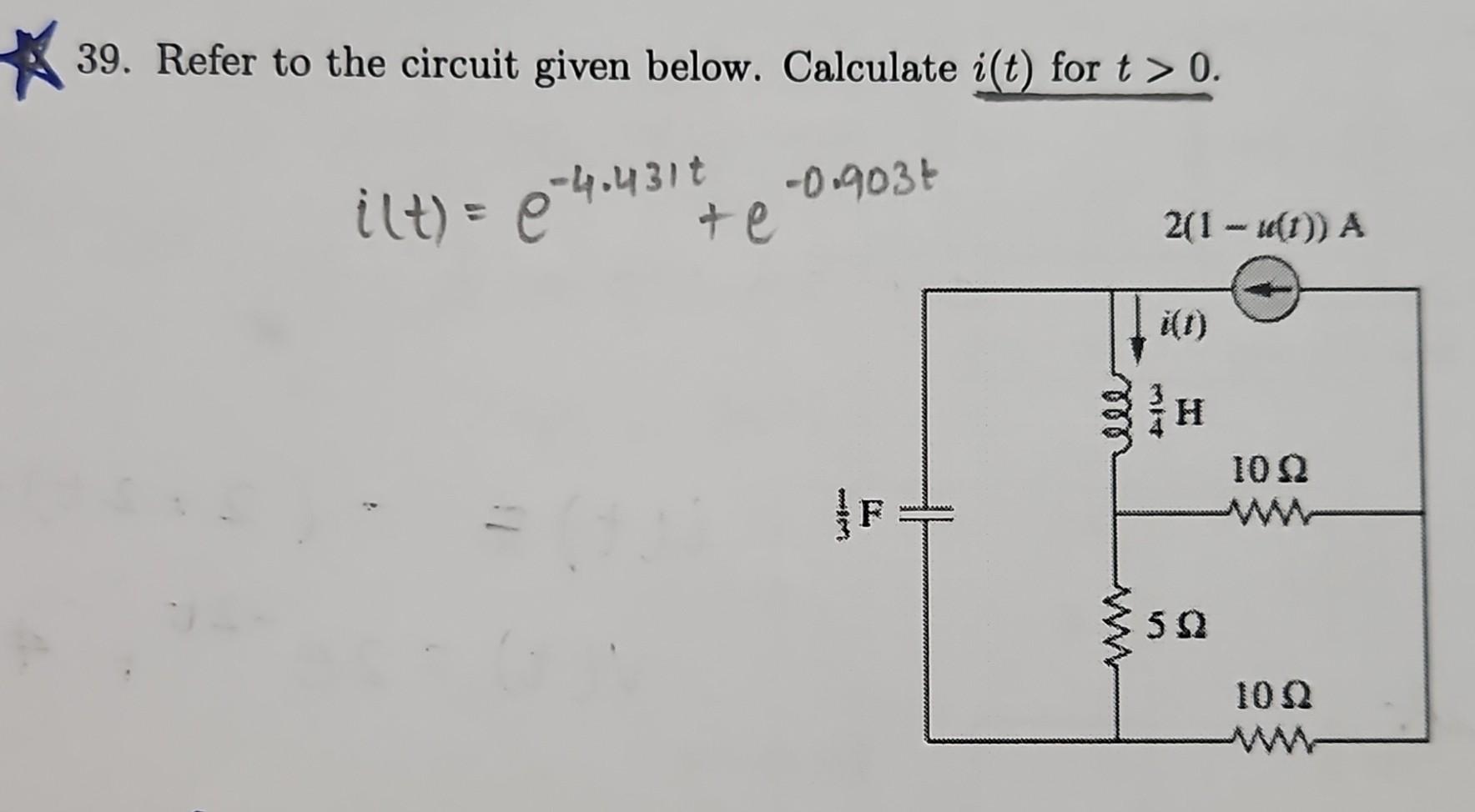 Solved 39. Refer to the circuit given below. Calculate i(t) | Chegg.com