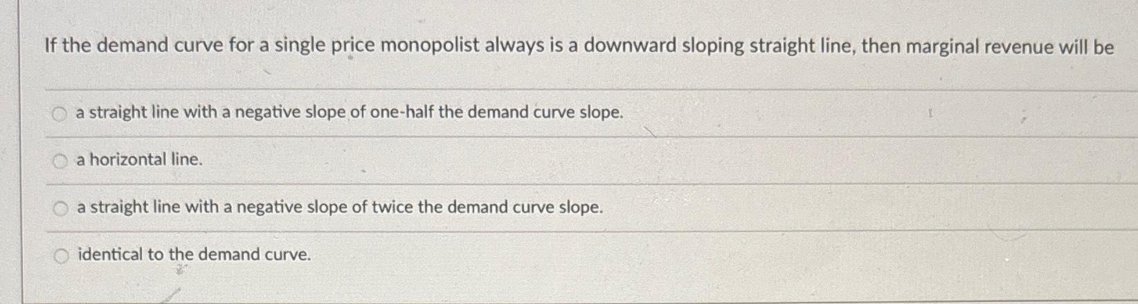 Solved If the demand curve for a single price monopolist | Chegg.com