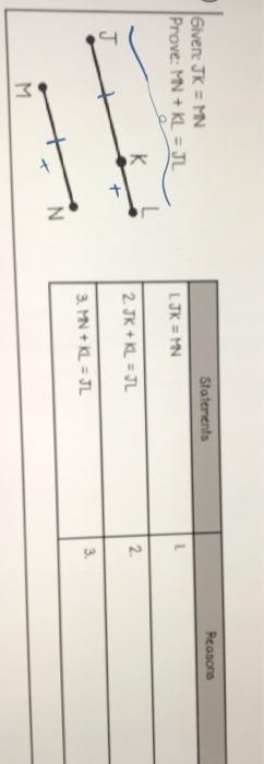 Solved Statements Reasons Given: JK = MN Prove: MN + KL = JL | Chegg.com