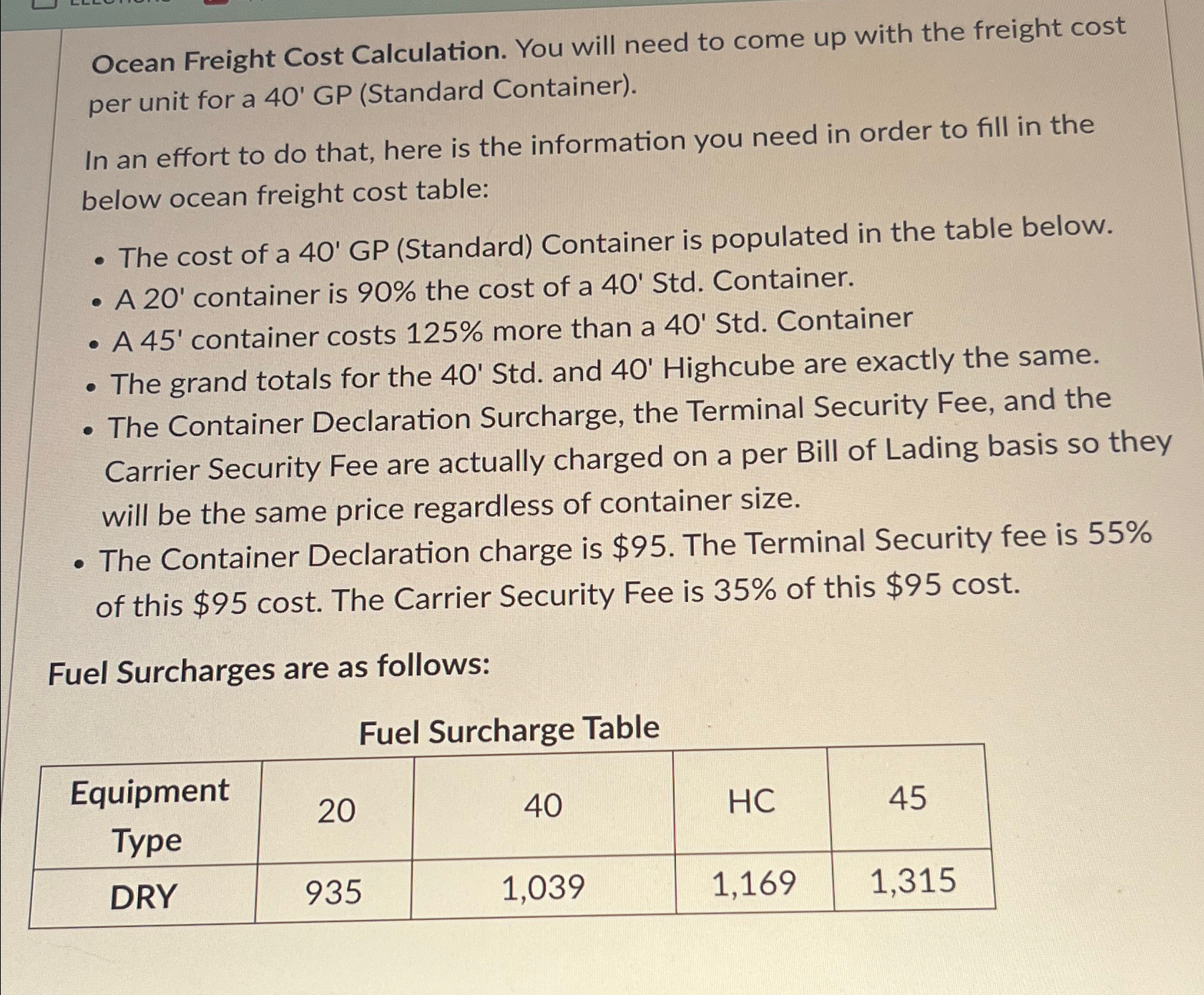 Solved Ocean Freight Cost Calculation. You will need to come | Chegg.com