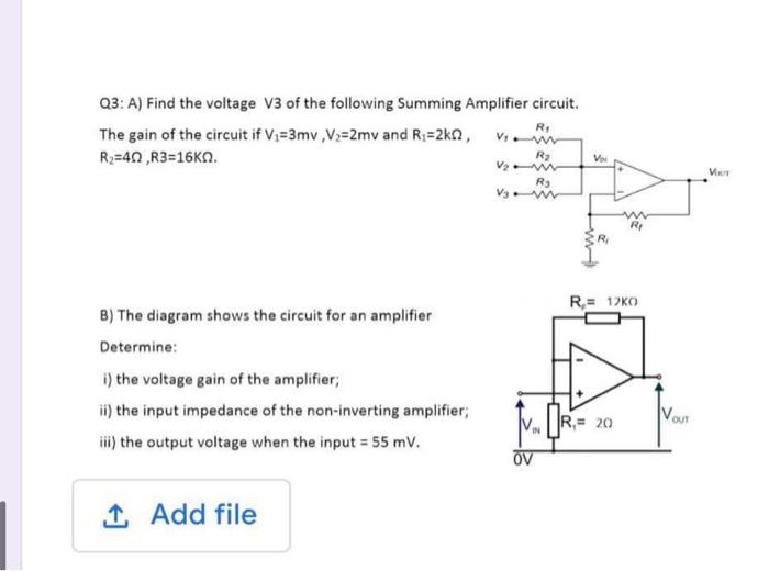 Solved Q3: A) Find the voltage V3 of the following Summing | Chegg.com