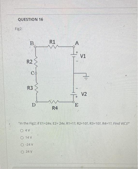Solved QUESTION 16 Fig2 B R1 n А V1 R2 CO R3 V2 w D E R4 "In | Chegg.com