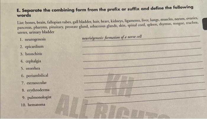 Solved E. Separate the combining form from the prefix or | Chegg.com
