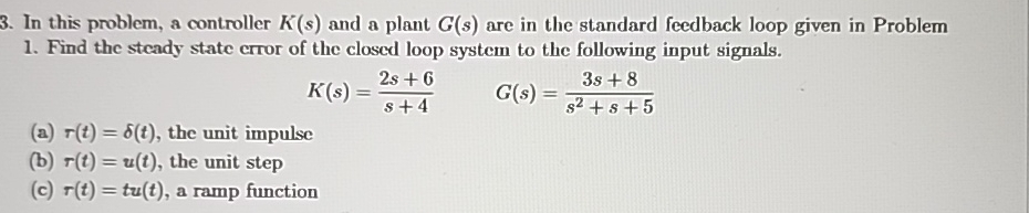 Solved In this problem, a controller K(s) ﻿and a plant G(s) | Chegg.com