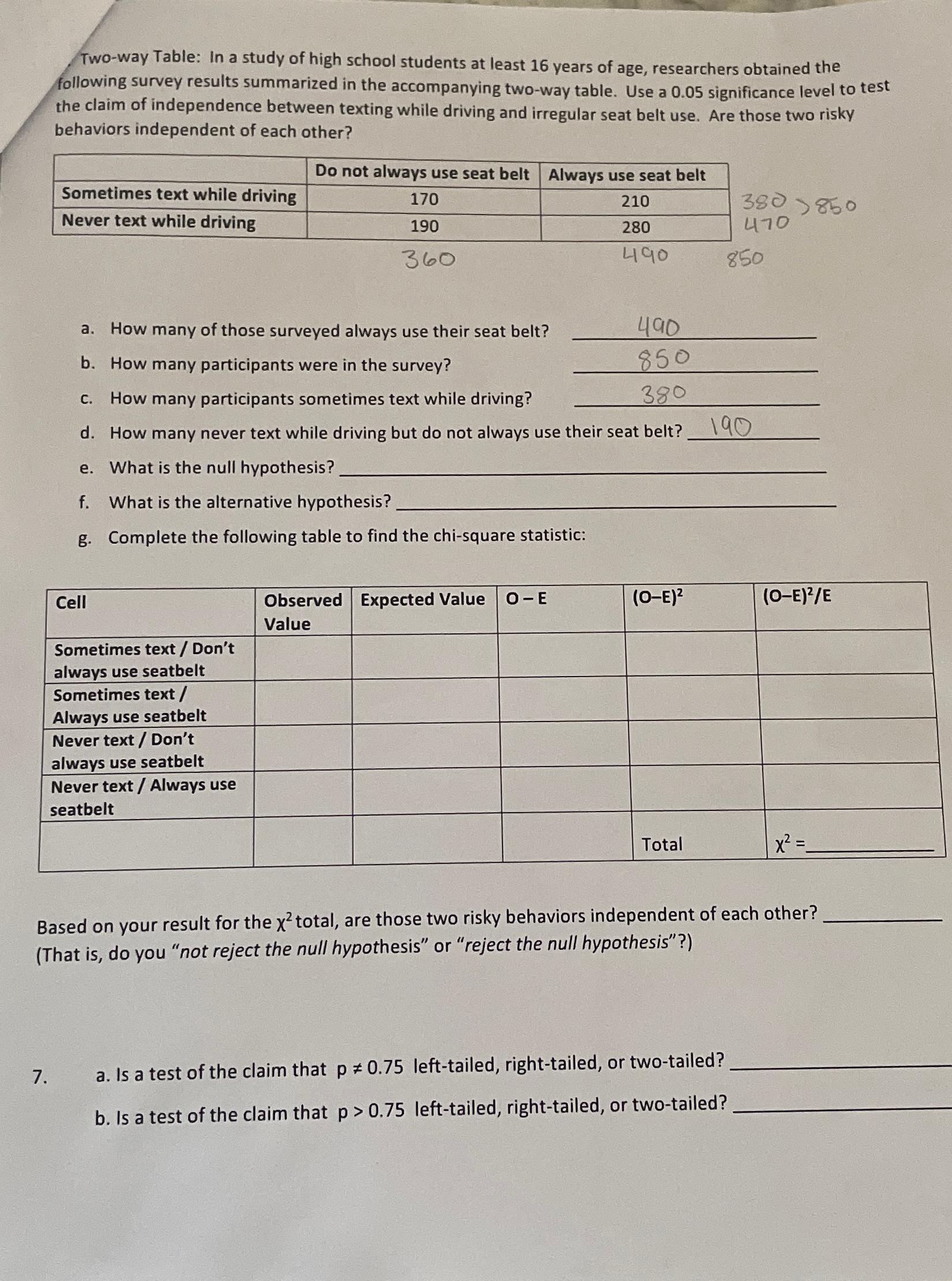 Solved Two-way Table: In a study of high school students at | Chegg.com