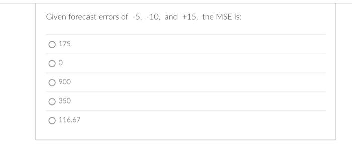 Solved Given forecast errors of −5,−10, and +15 , the MSE | Chegg.com