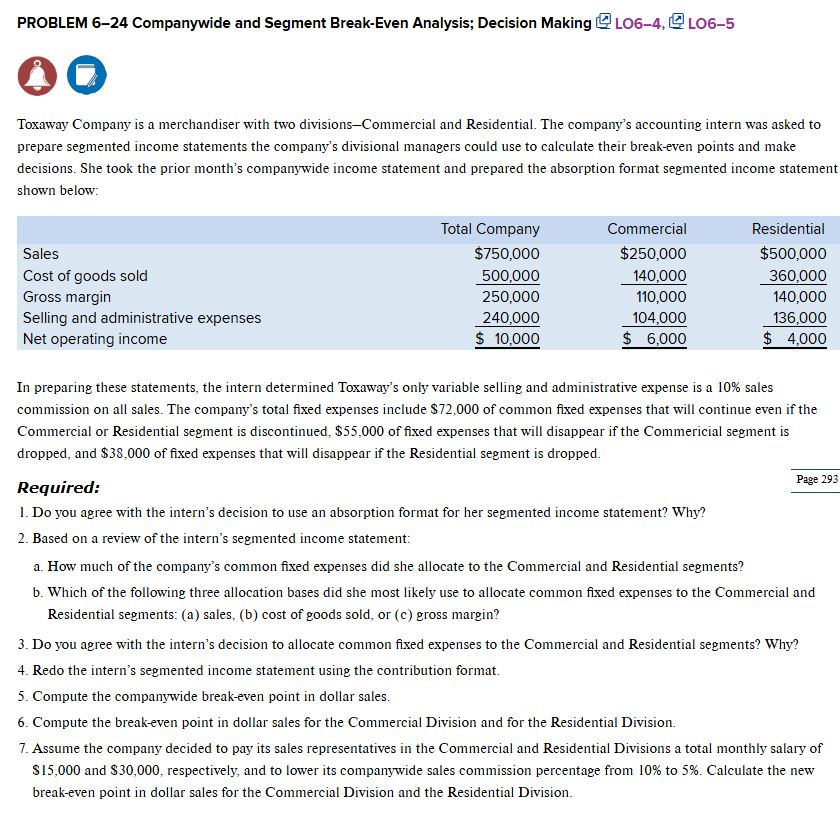 Solved PROBLEM 6-24 ﻿Companywide and Segment Break-Even | Chegg.com