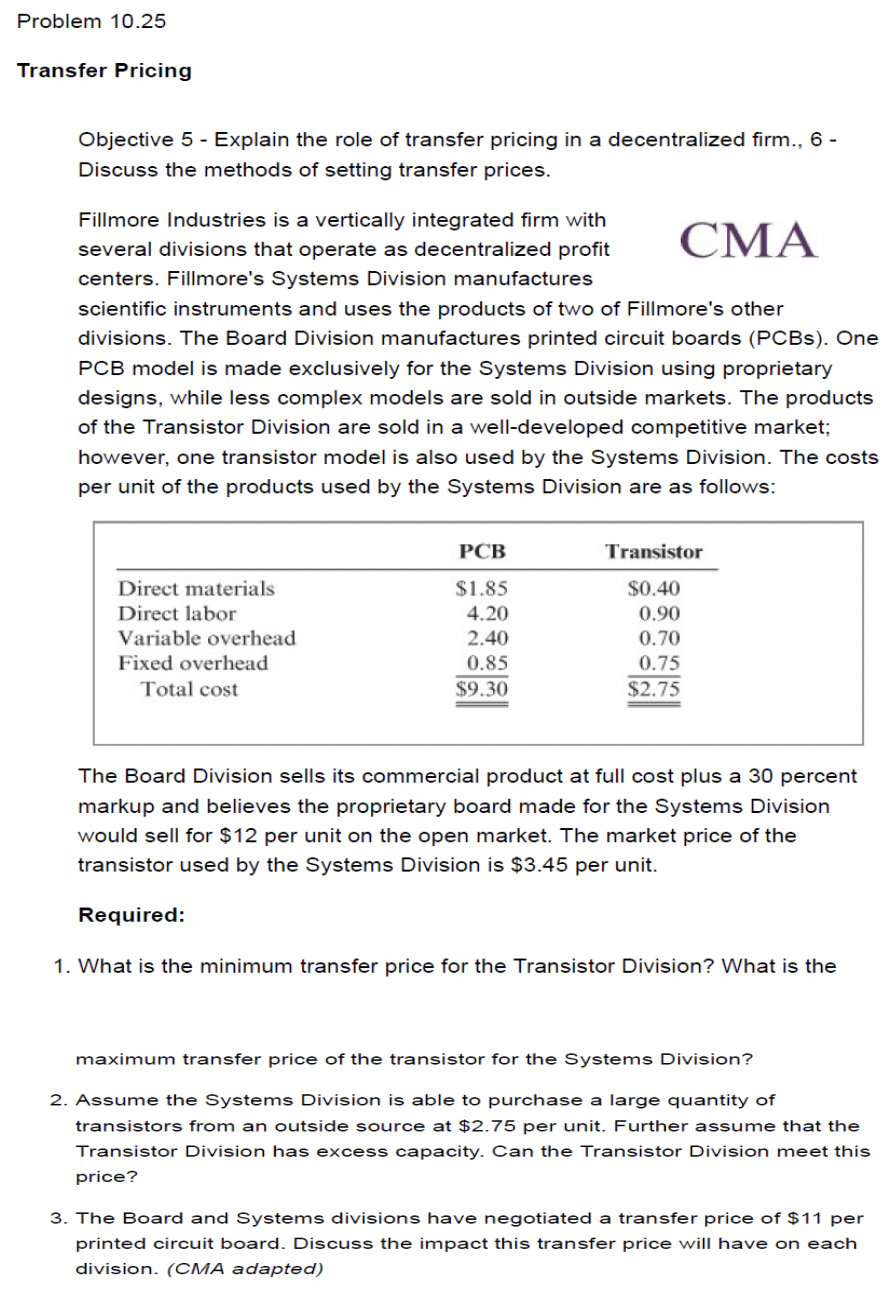 Solved Problem 10.25Transfer PricingObjective 5 - ﻿Explain | Chegg.com