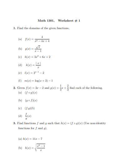 Solved Math 1301, ﻿Worksheet # 1Find the domains of the | Chegg.com