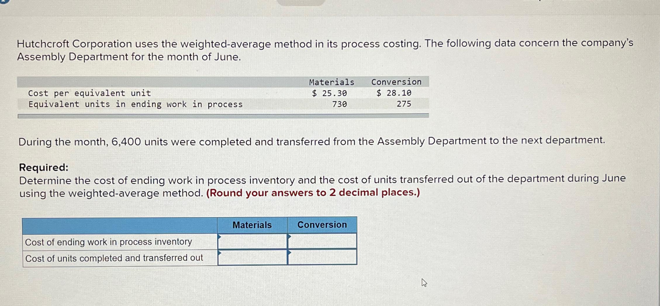Solved Hutchcroft Corporation uses the weighted-average | Chegg.com