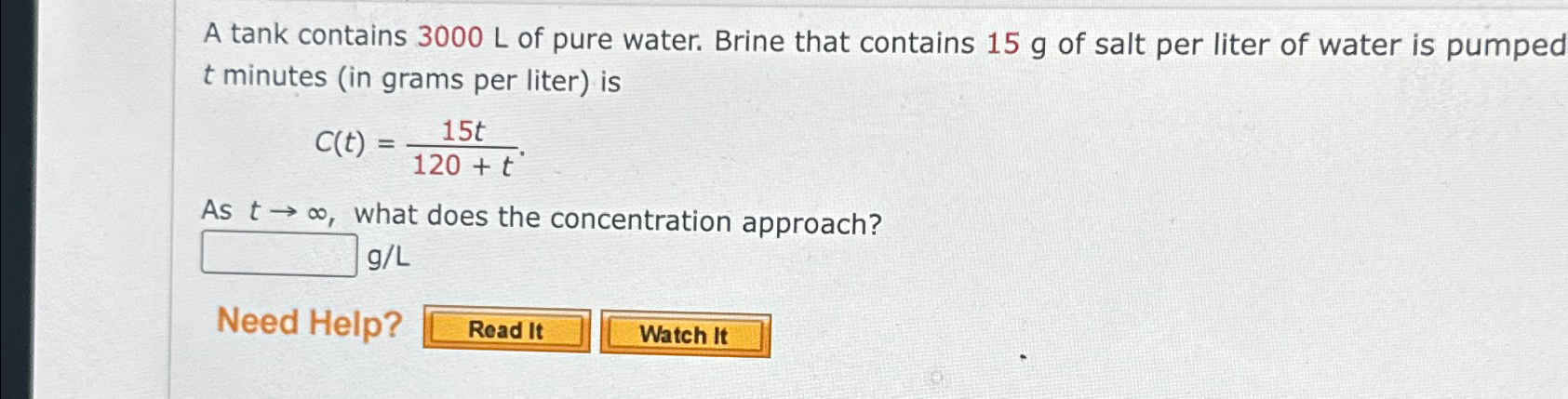 Solved A tank contains 3000L ﻿of pure water. Brine that | Chegg.com