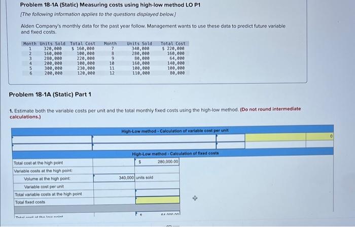 Solved Problem 18-1A (Static) Measuring costs using high-low | Chegg.com