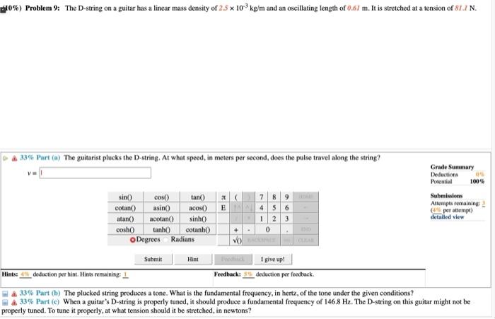 Solved 40\%) Problem 9: The D-string on a guitar has a | Chegg.com