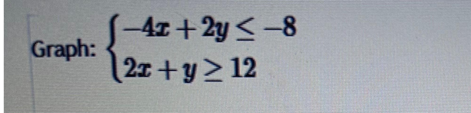 Solved Graph: -4x+2y≤-82x+y≥12 | Chegg.com