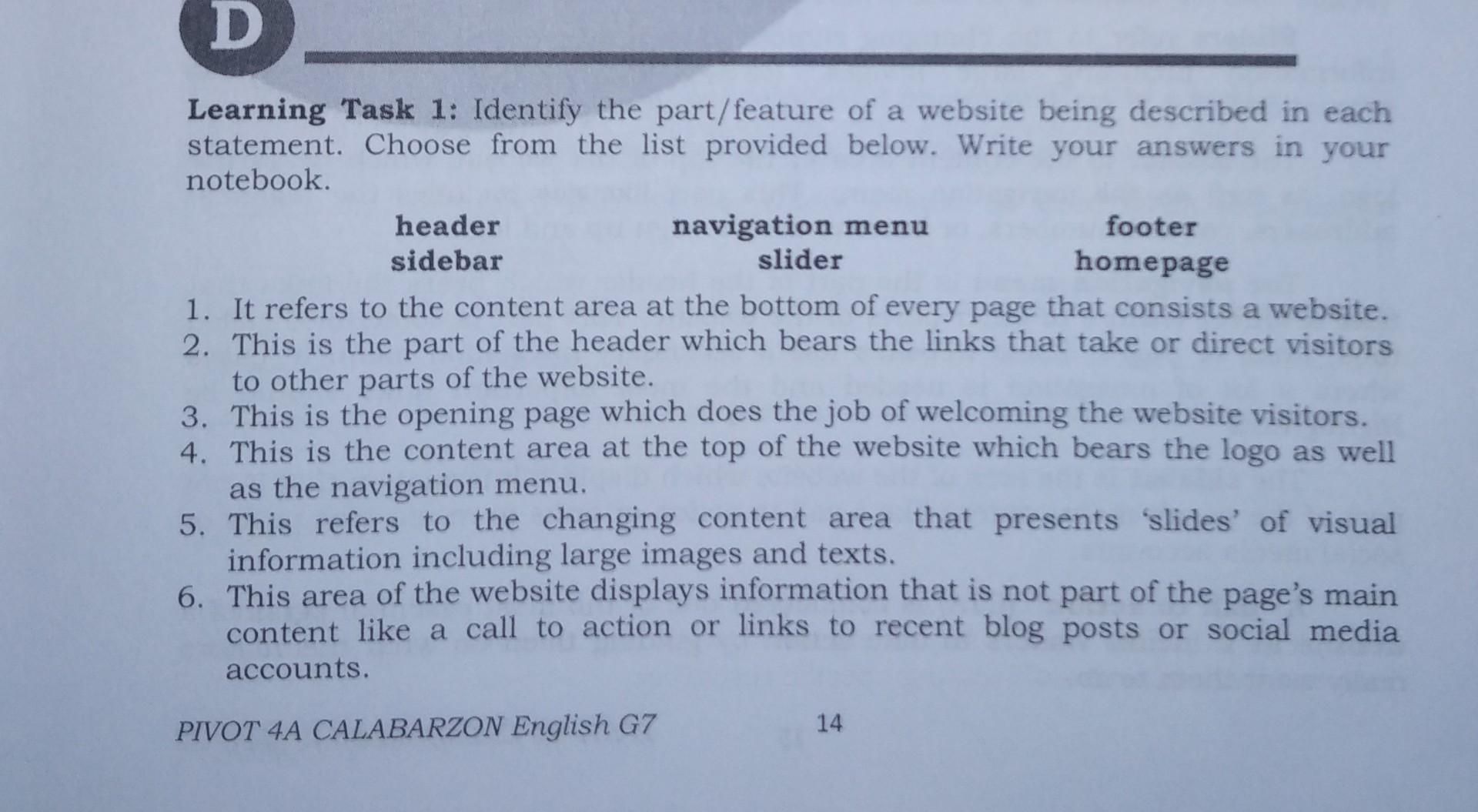 Solved D Learning Task 1: Identify the part/feature of a | Chegg.com