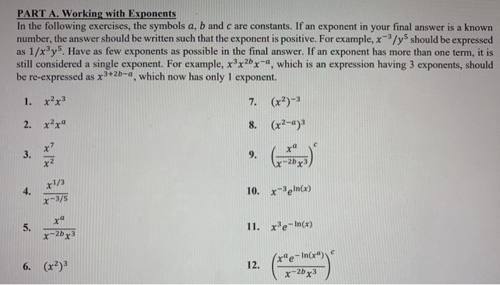Solved PART A. Working with Exponents In the following | Chegg.com