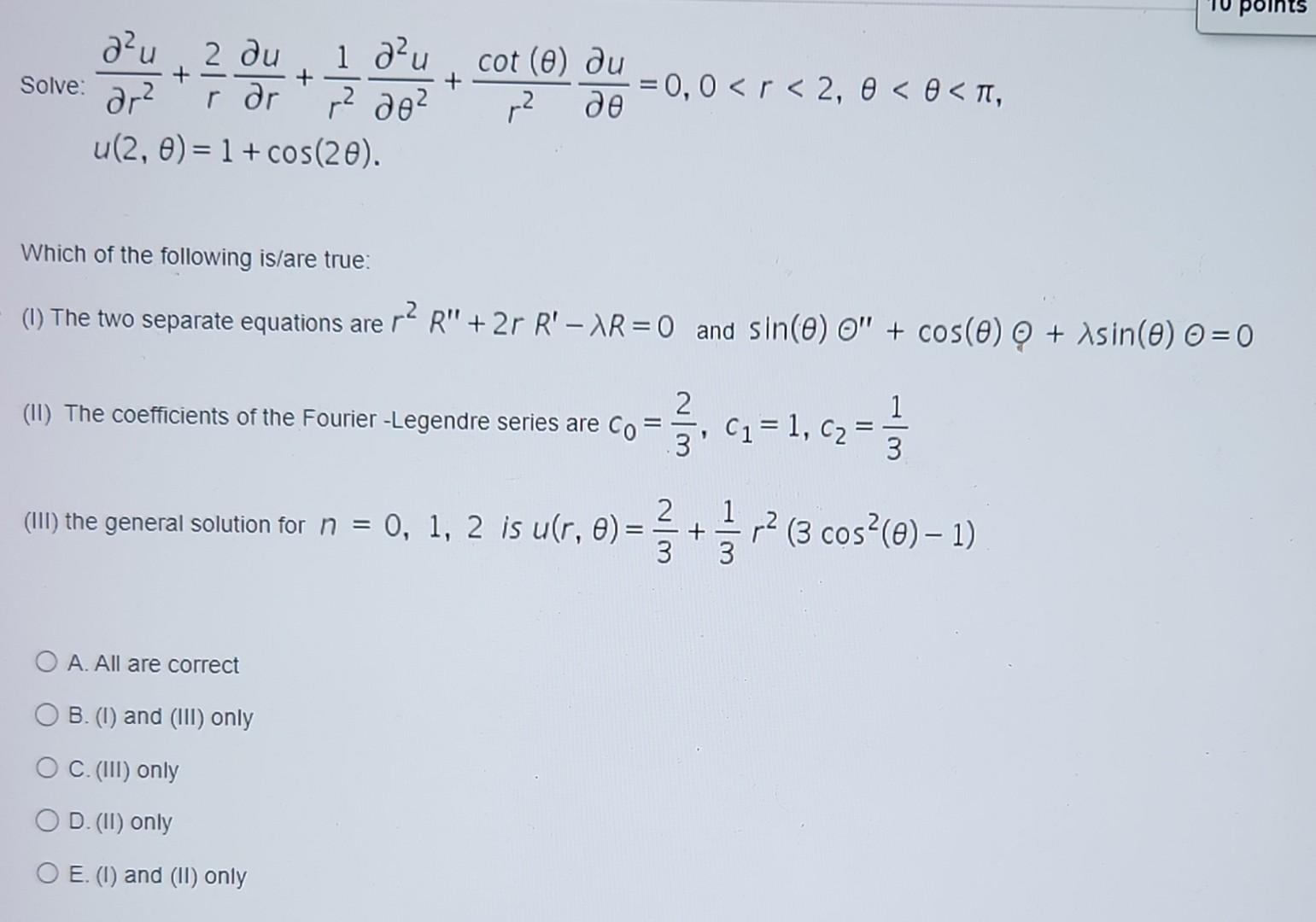 Solved ∂r2∂2u+r2∂r∂u+r21∂θ2∂2u+r2cot(θ)∂θ∂u=0,0 | Chegg.com