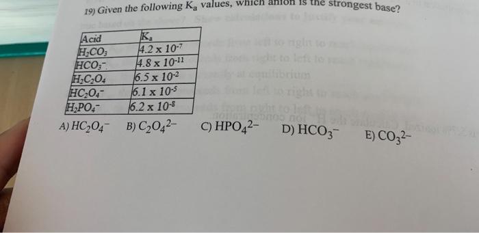 Solved 19) Given the following Ka values, which anion is the | Chegg.com