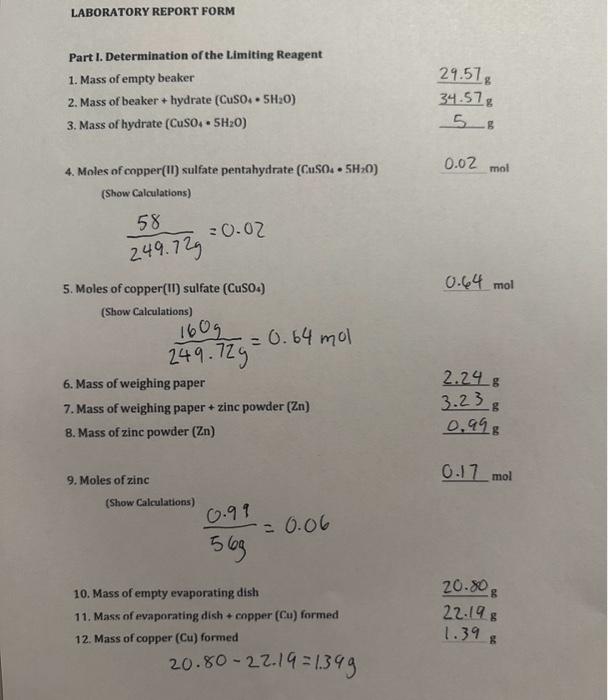 Solved LABORATORY REPORT FORM Part I. Determination of the | Chegg.com