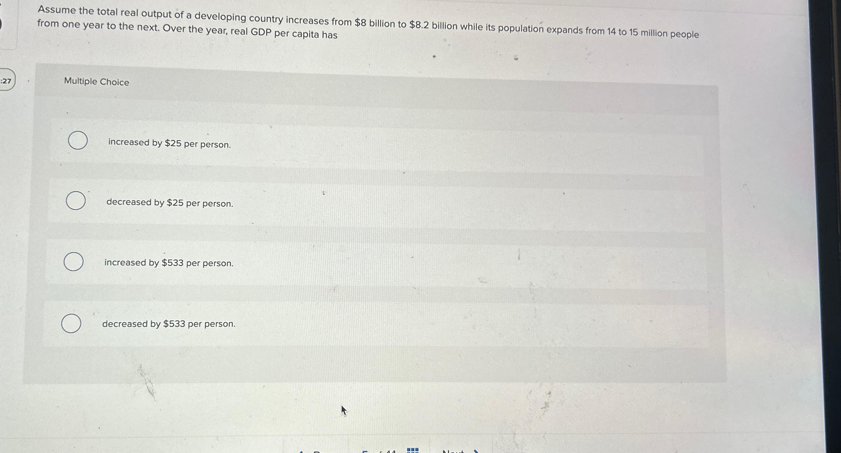 Solved Assume the total real output of a developing country | Chegg.com
