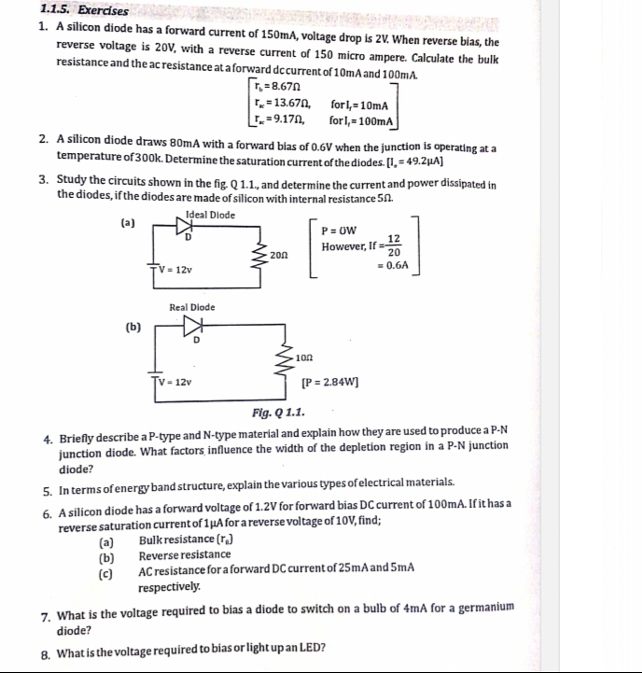 Solved 1.1.5. ﻿ExercisesA silicon diode has a forward | Chegg.com