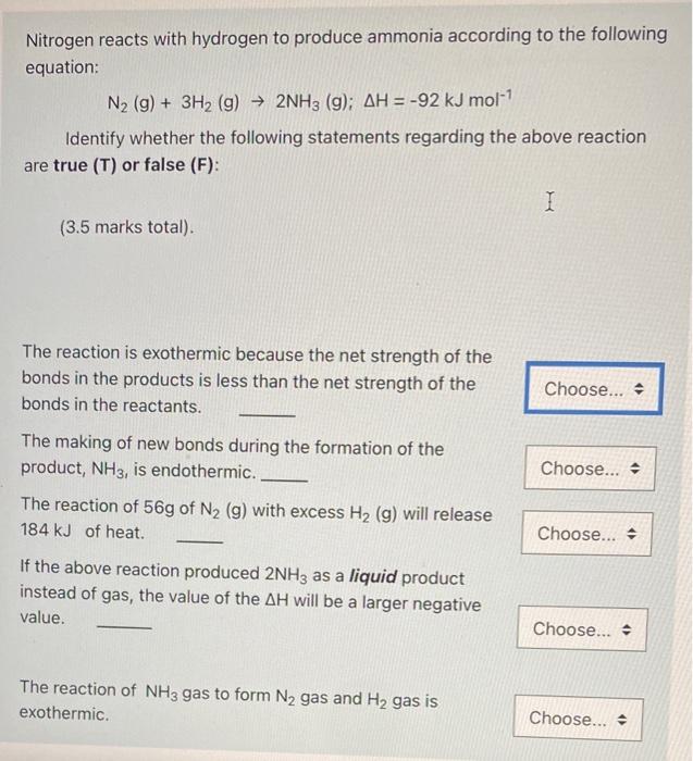 Solved Nitrogen reacts with hydrogen to produce ammonia | Chegg.com