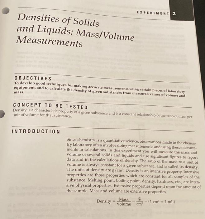 2 EXPERIMENT 2 Report Form Density of Solids and | Chegg.com