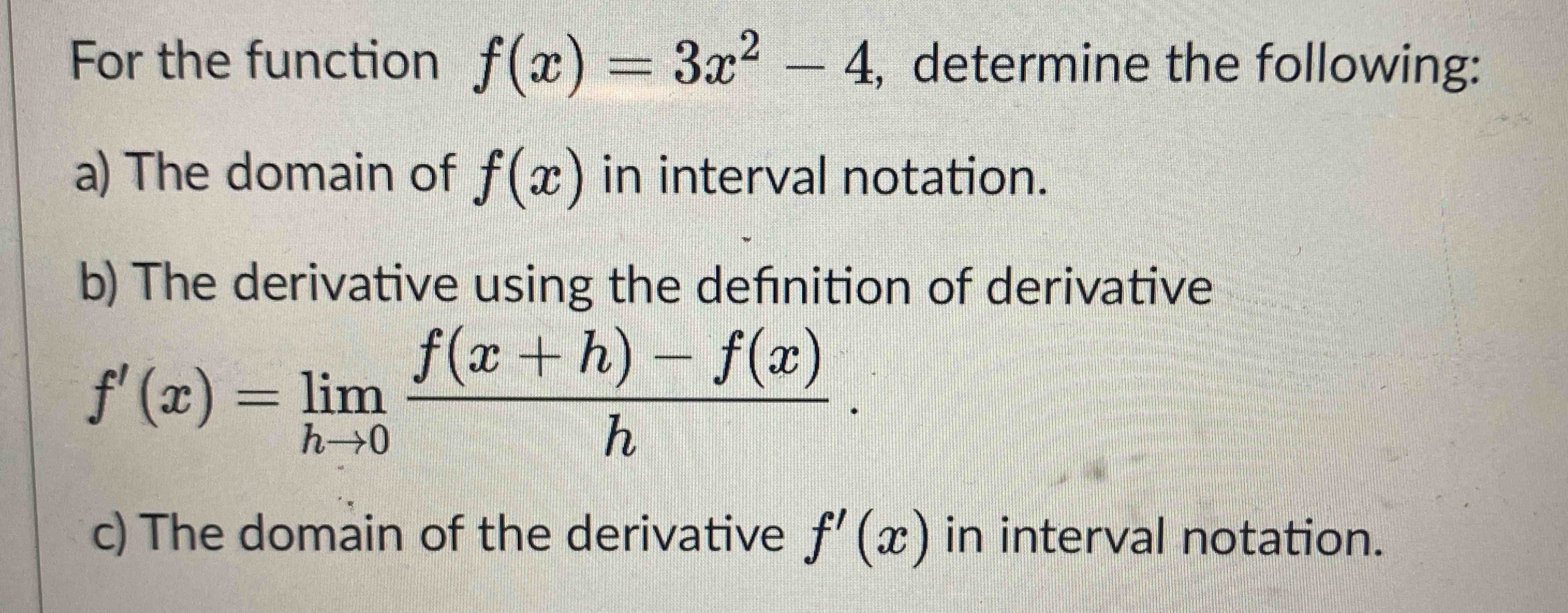 Solved For the function f(x)=3x2-4, ﻿determine the | Chegg.com