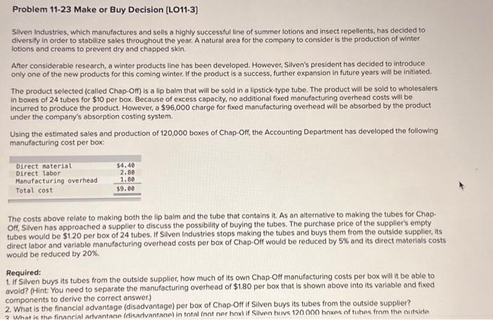 Solved Problem 11-23 Make or Buy Decision [LO11-3] Silven | Chegg.com