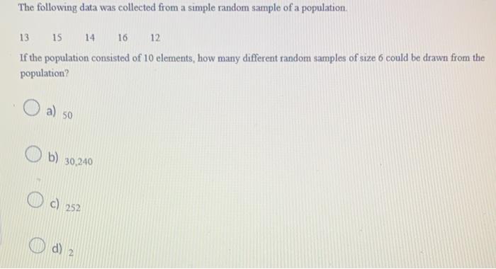 Solved The following data was collected from a simple random | Chegg.com