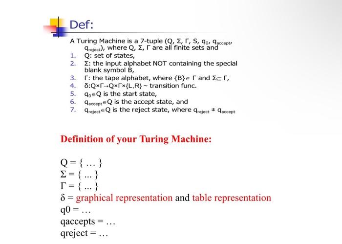 Solved Def: A Turing Machine is a 7-tuple (Q, 2, , S, 9o, | Chegg.com