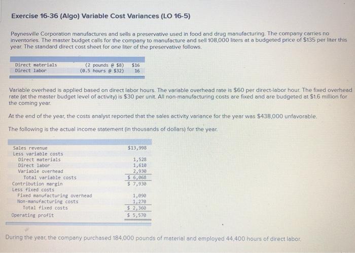 Solved Exercise 16-36 (Algo) Variable Cost Variances (LO | Chegg.com