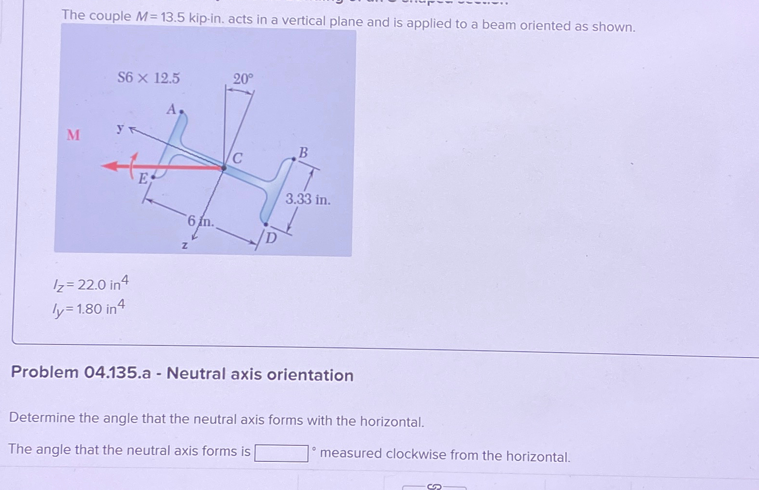 Solved The couple M=13.5 ﻿kip-in. ﻿acts in a vertical plane | Chegg.com