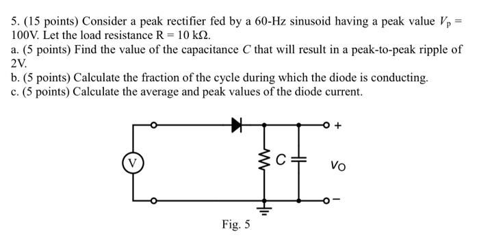Solved 5. (15 points) Consider a peak rectifier fed by a | Chegg.com