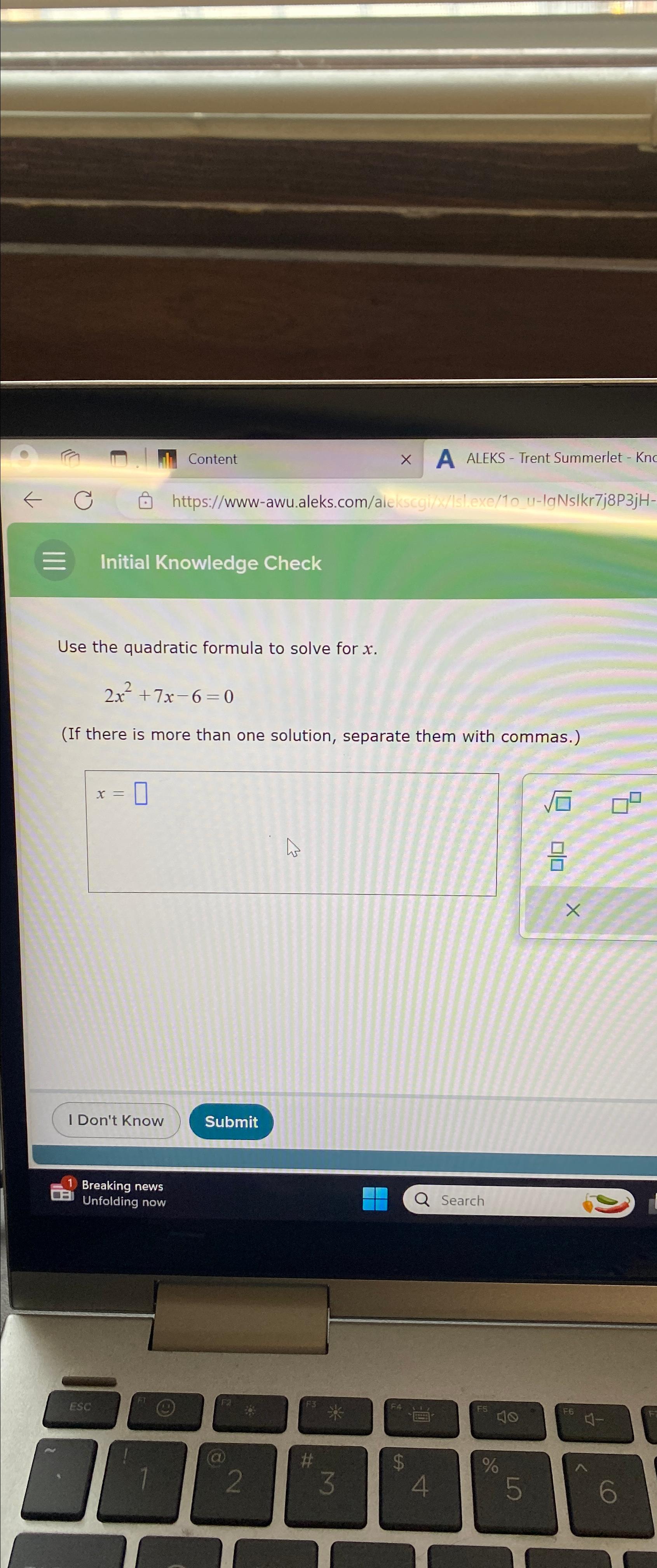 Solved Initial Knowledge CheckUse the quadratic formula to | Chegg.com
