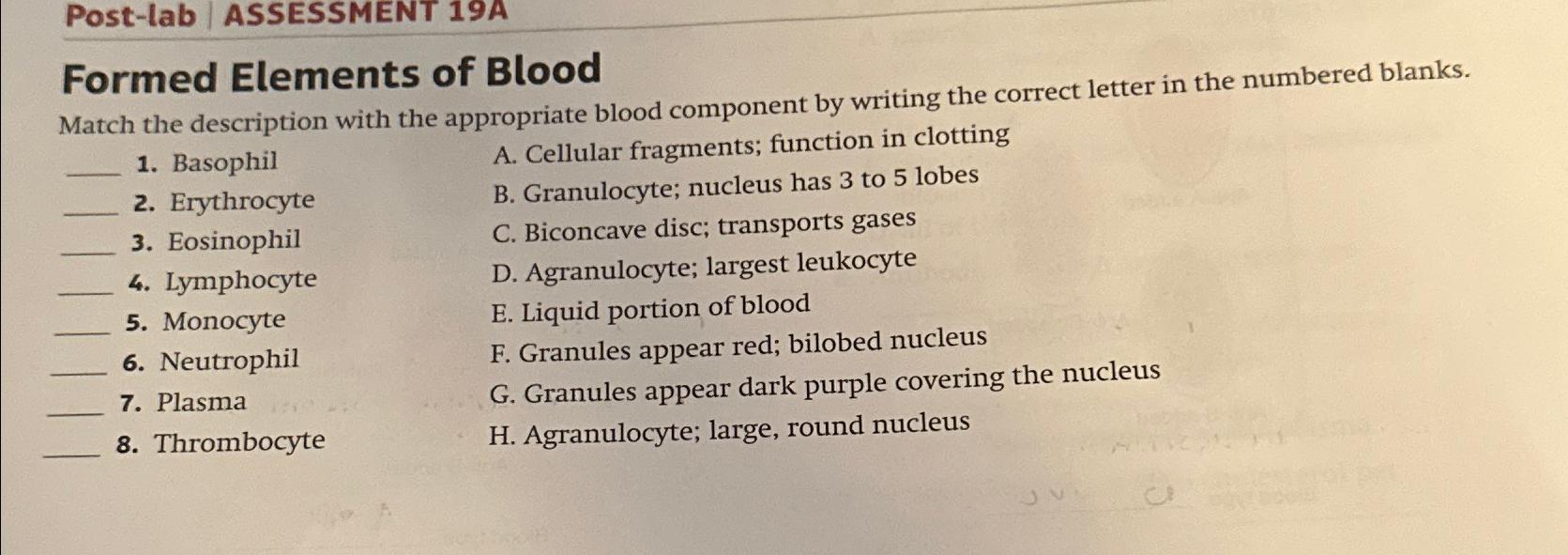 Solved Post-lab ASSESSMENT 19AFormed Elements of BloodMatch | Chegg.com
