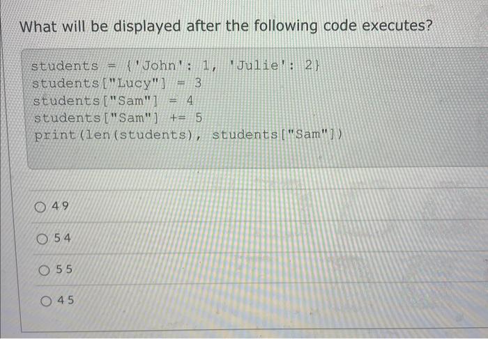 Solved What will be displayed after the following code | Chegg.com