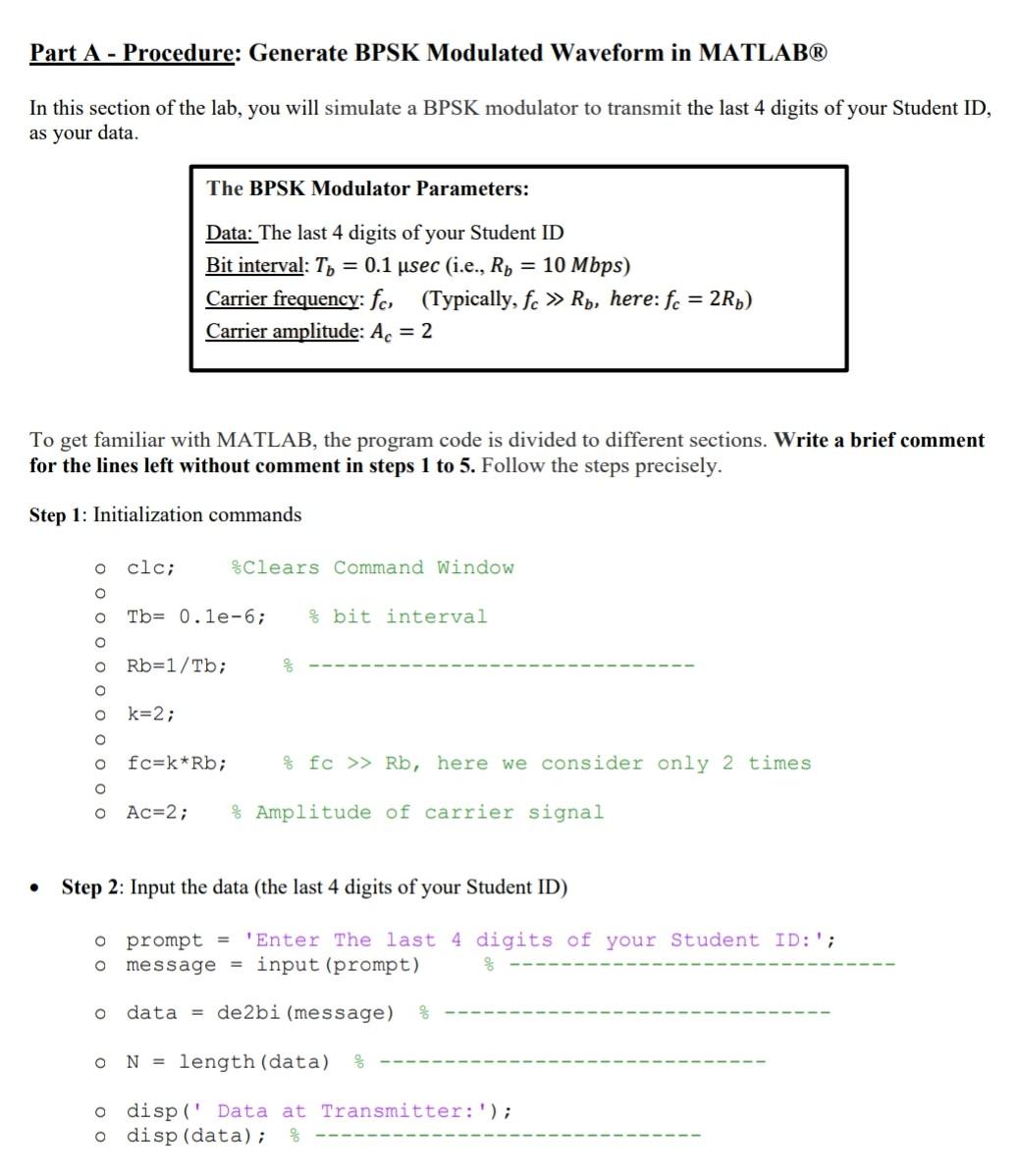 Part A - Procedure: Generate BPSK Modulated Waveform | Chegg.com