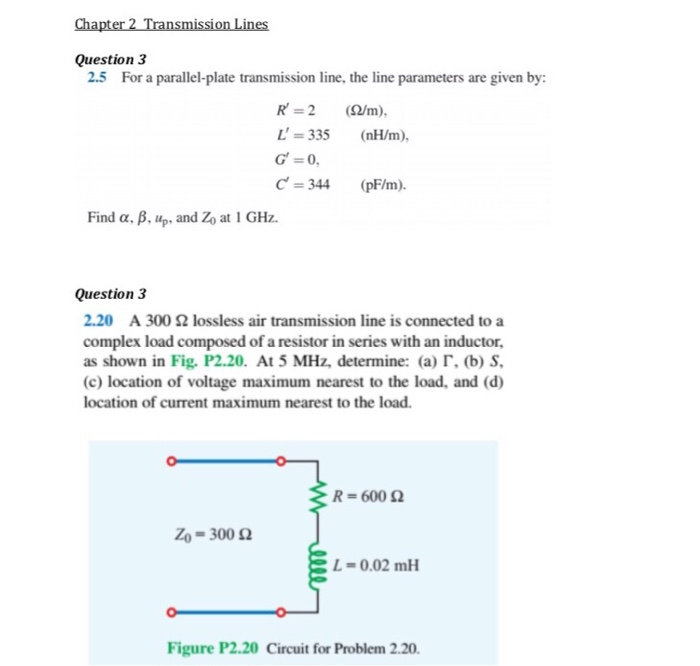 Solved Chapter 2 Transmission Lines Question 3 2.5 For a | Chegg.com