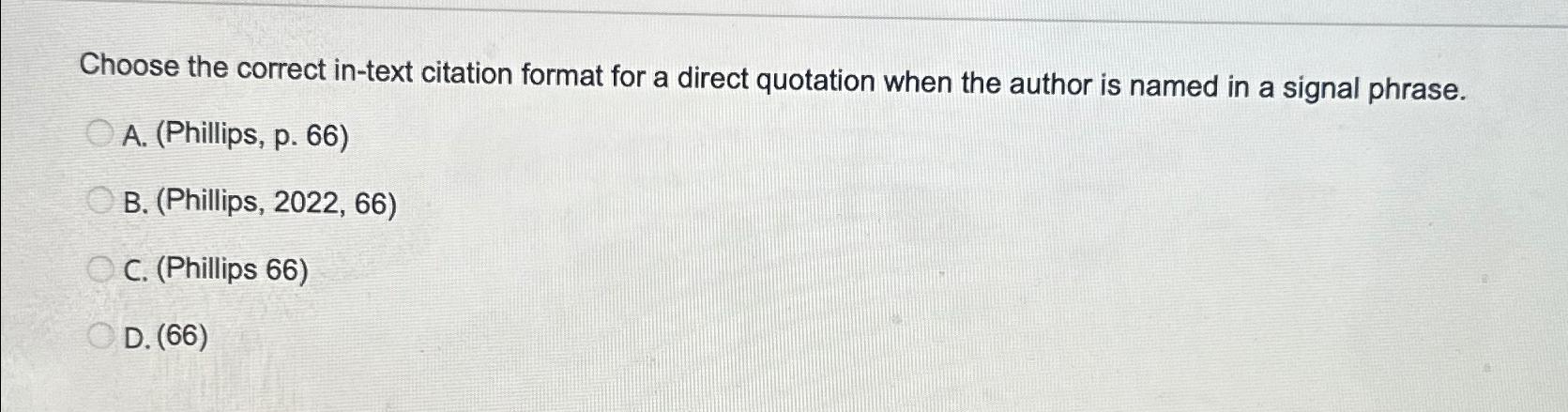 Solved Choose the correct in-text citation format for a | Chegg.com