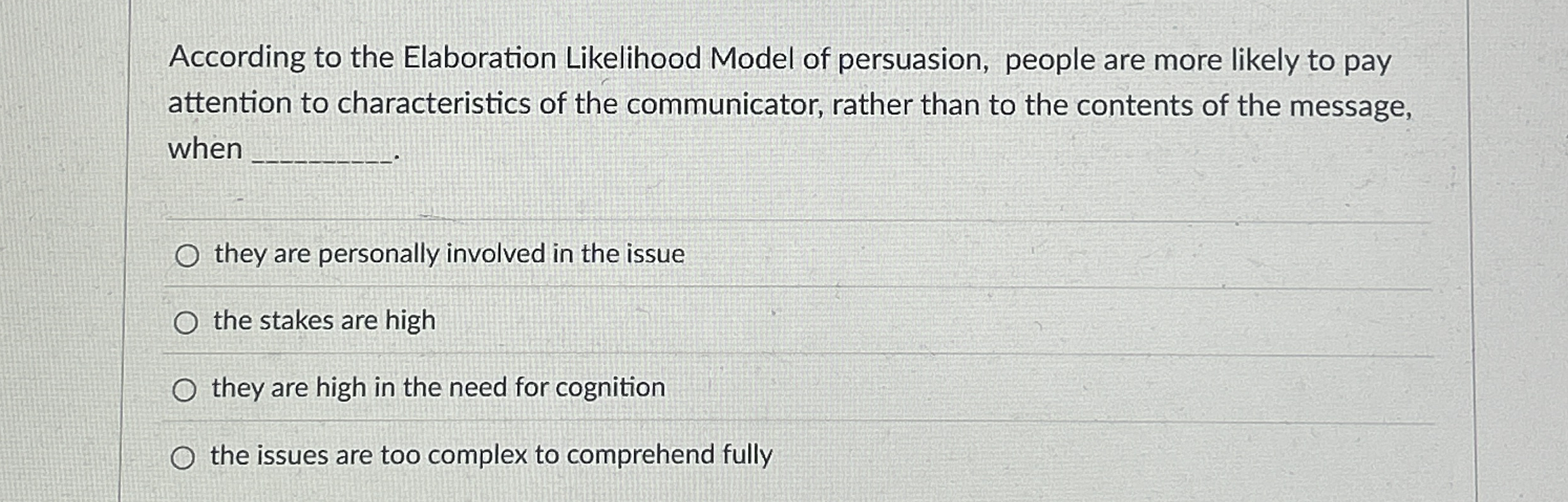 Solved According to the Elaboration Likelihood Model of | Chegg.com