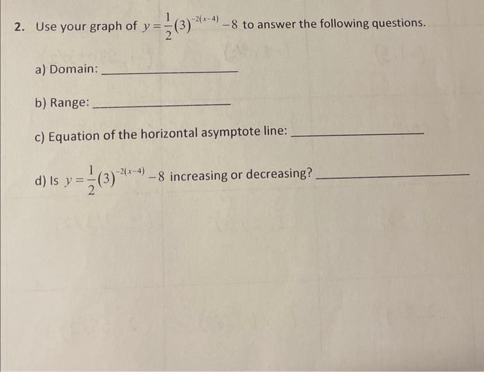 Solved 2. Use your graph of y=21(3)−2(x−4)−8 to answer the | Chegg.com